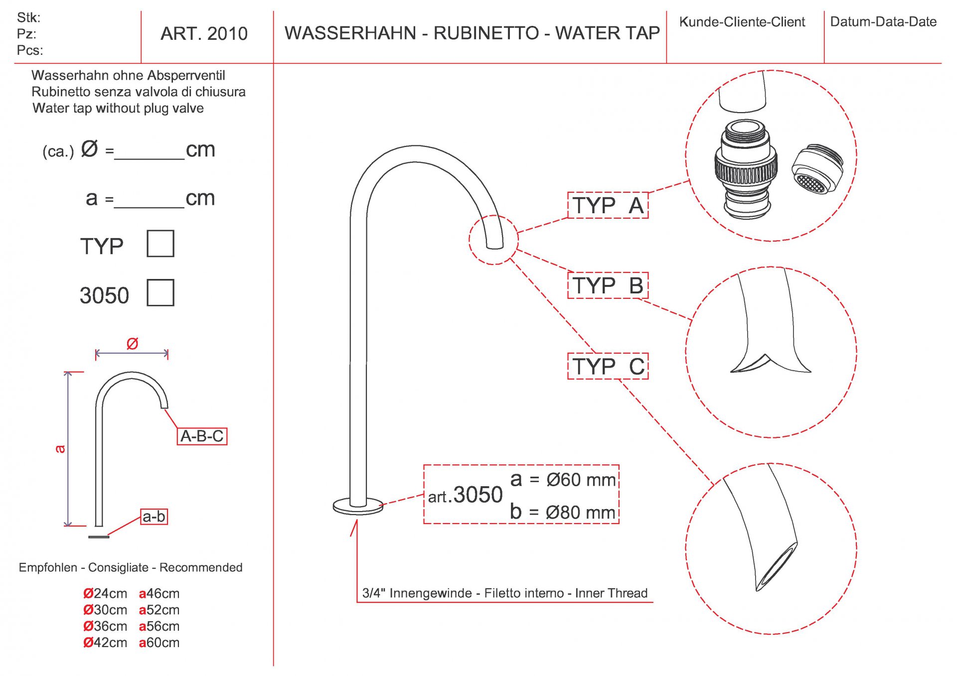 Water tap without shut-off valve with inside thread 3/4"