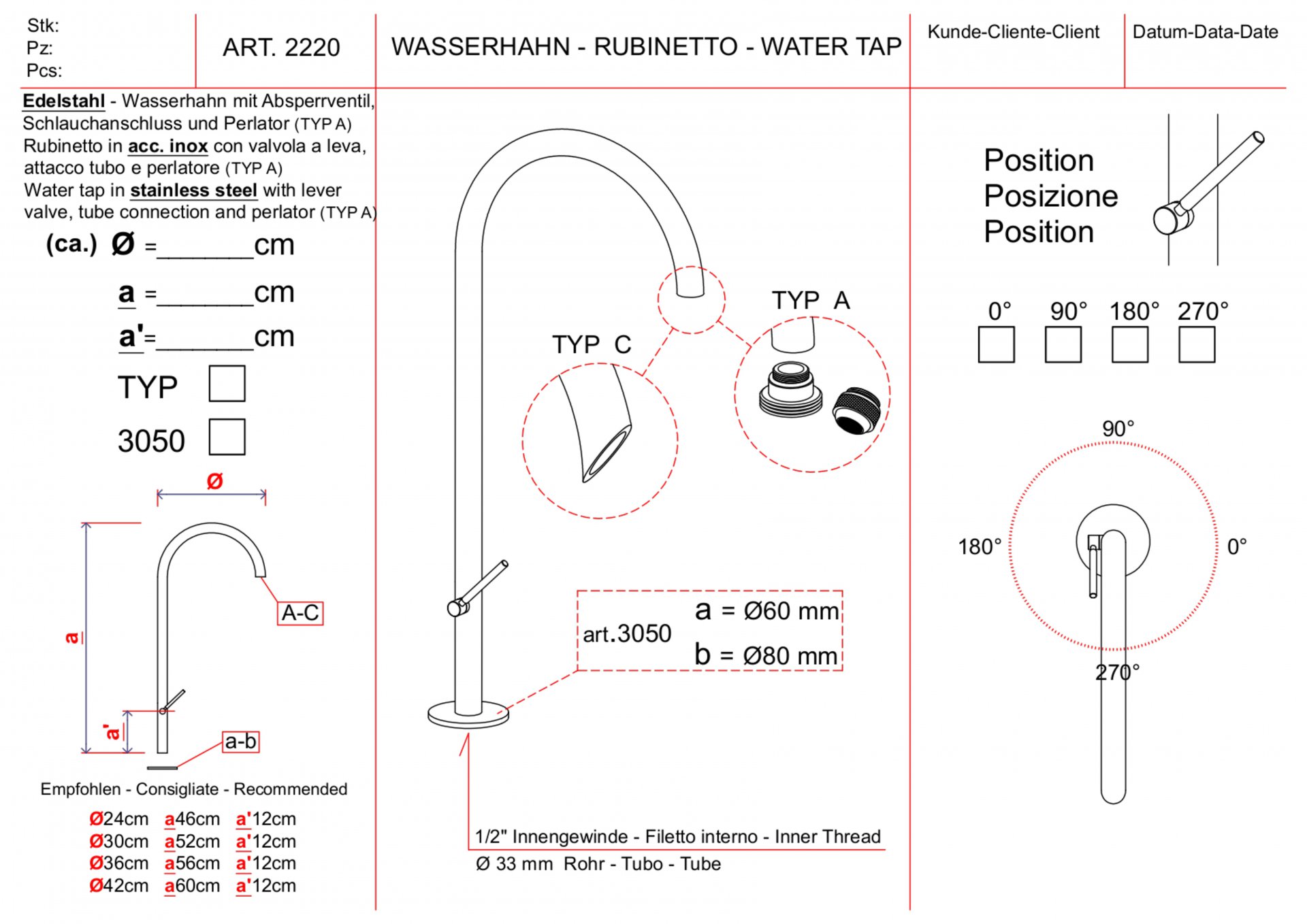 Stainless steel water tap with lever valve and inside thread 1/2”