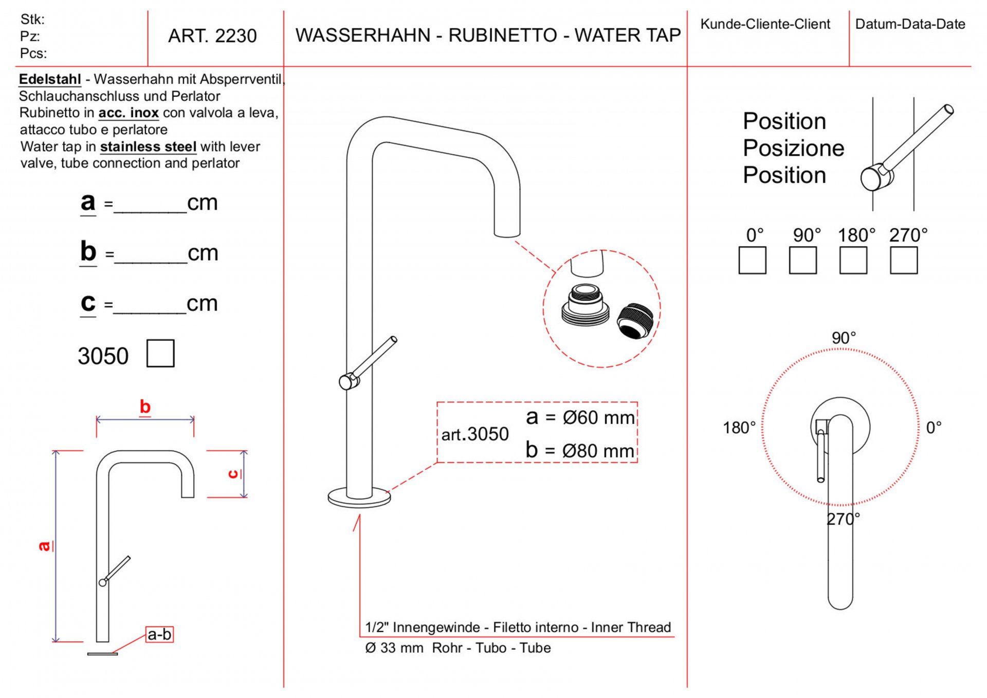 Stainless steel water tap with lever valve and inside thread 1/2”