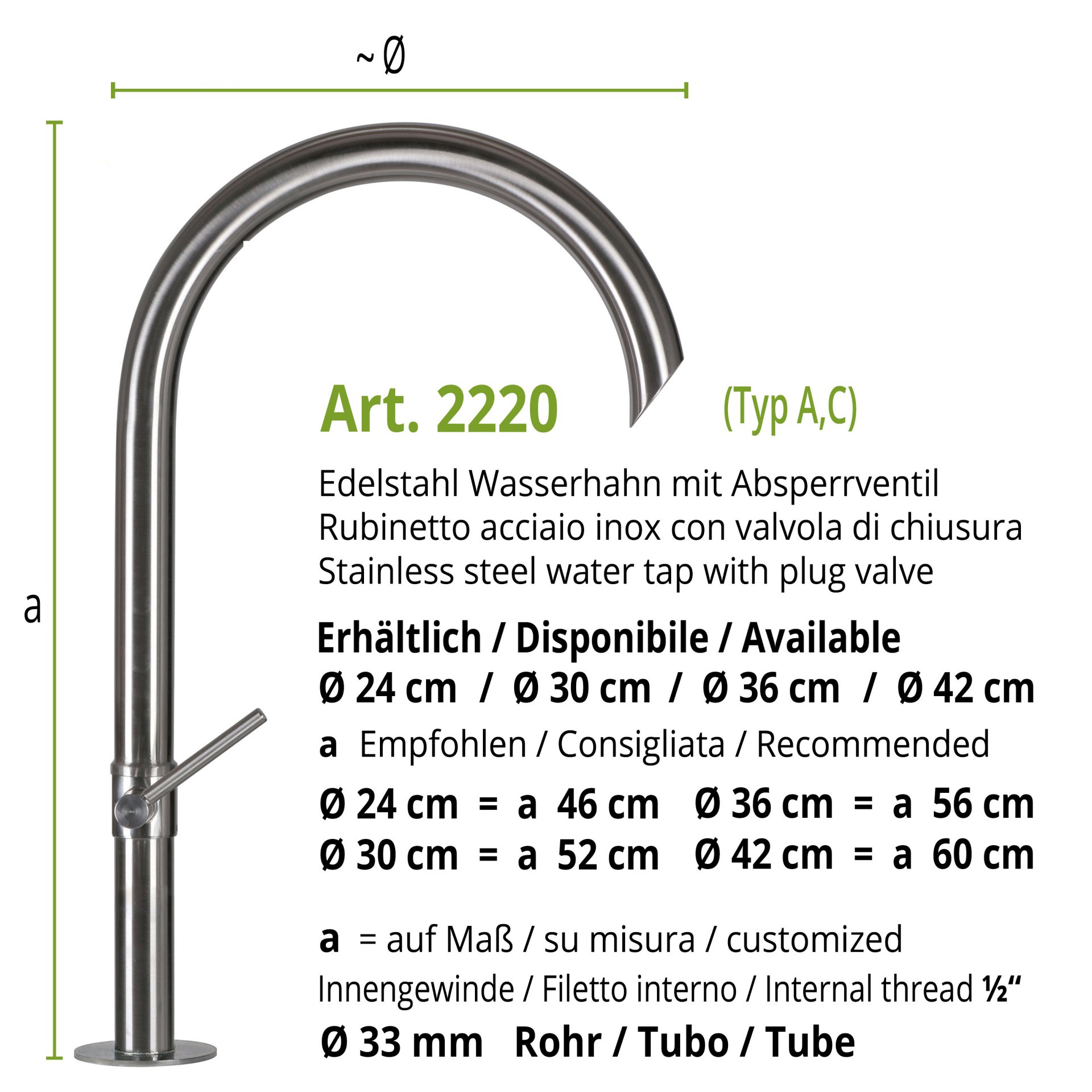 Stainless steel water tap with lever valve and inside thread 1/2”