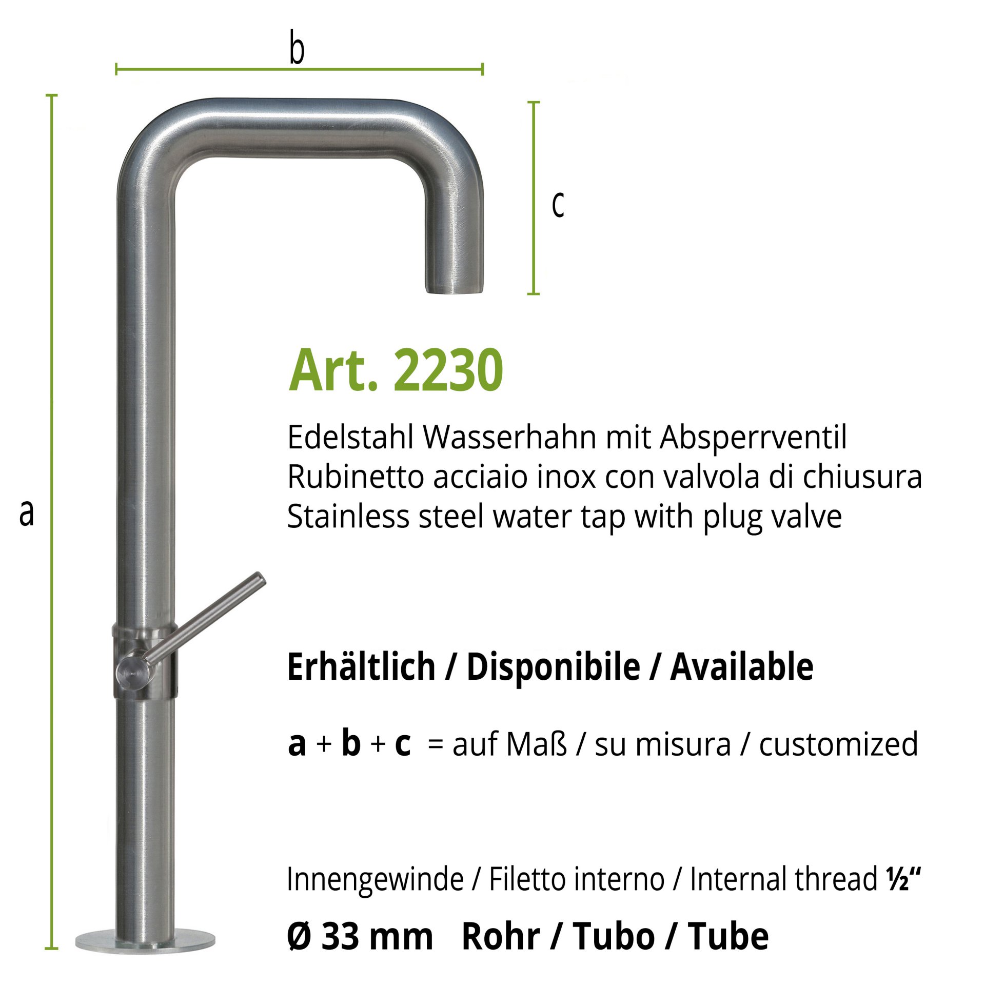 Stainless steel water tap with lever valve and inside thread 1/2”